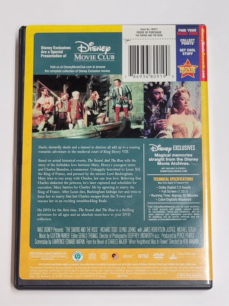 Walt Disney's The Sword And The Rose Disney Movie Rewards DVD RARE HTF ...