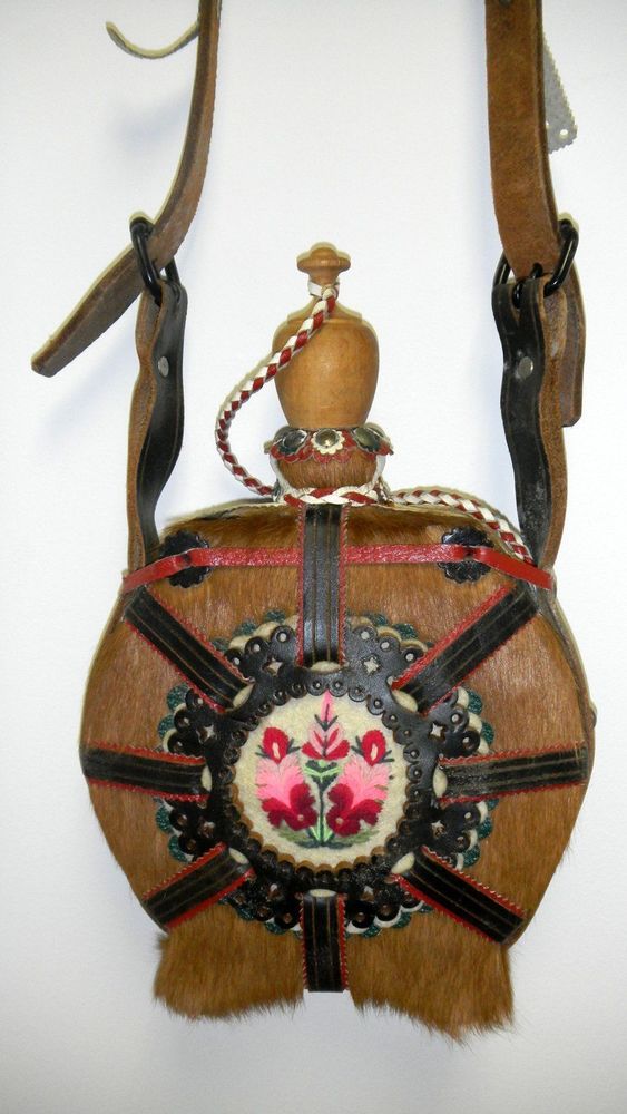 Native American Style Canteen Flask Brown Fur Embroidered Flowers ...